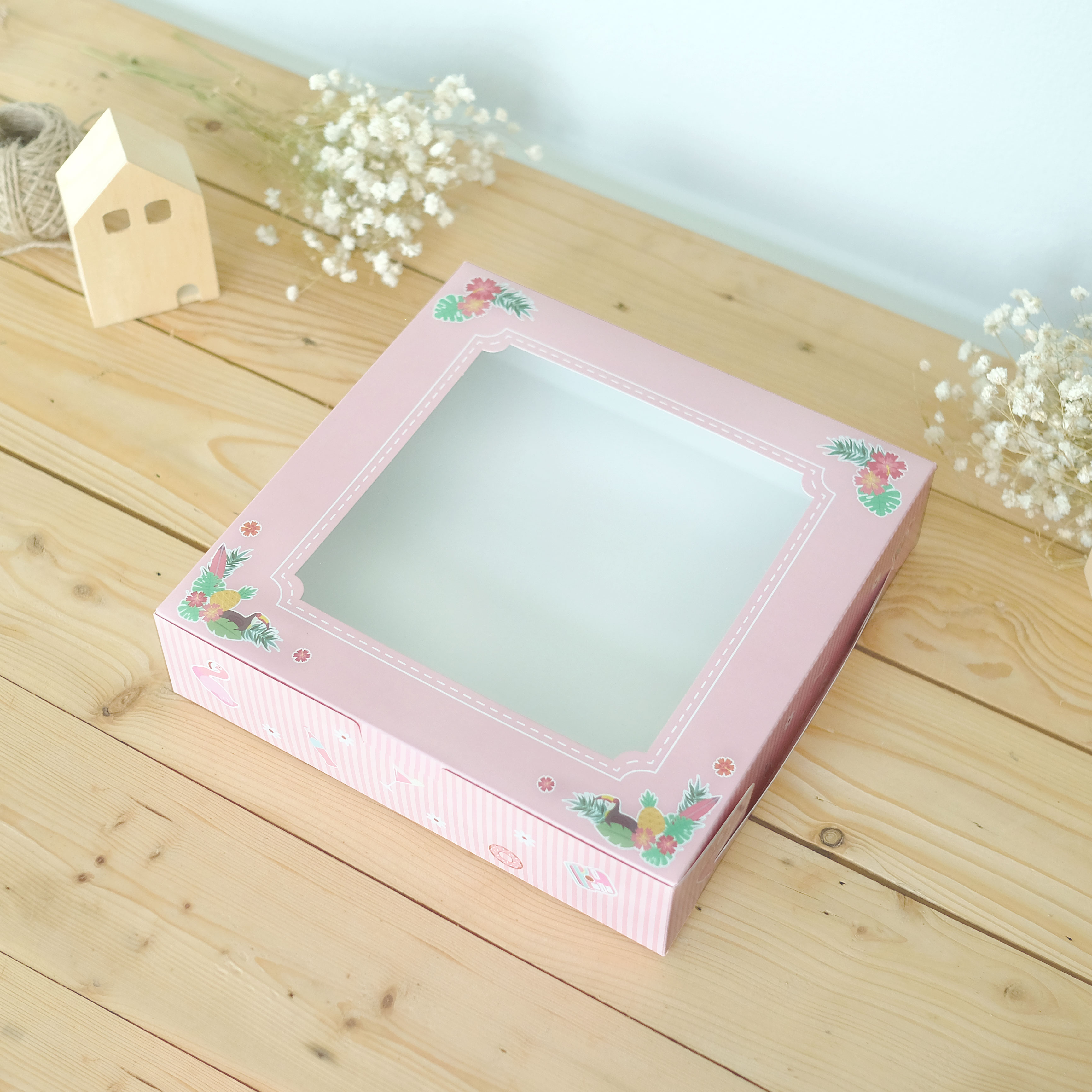 GoodBoxPack กล่องเค้ก 2 ปอนด์ ทรงแบน ลายทรอปิคอลชมพู แพ็ค 20 ใบ | Makro PRO