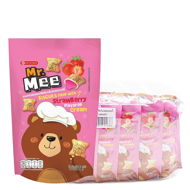 วีฟู้ดส์ ขนมหมีน้อย สอดไส้ครีม กลิ่นสตรอว์เบอร์รี 22 ก X 12 Makro Pro