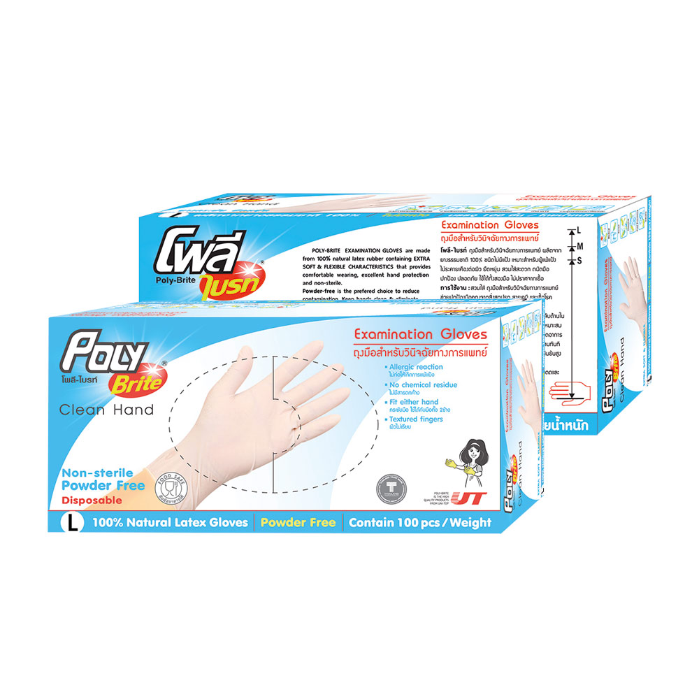 Poly-Brite โพลี-ไบรท์ ถุงมือยางธรรมชาติ รุ่นไม่มีแป้ง (Size L) (100 ...