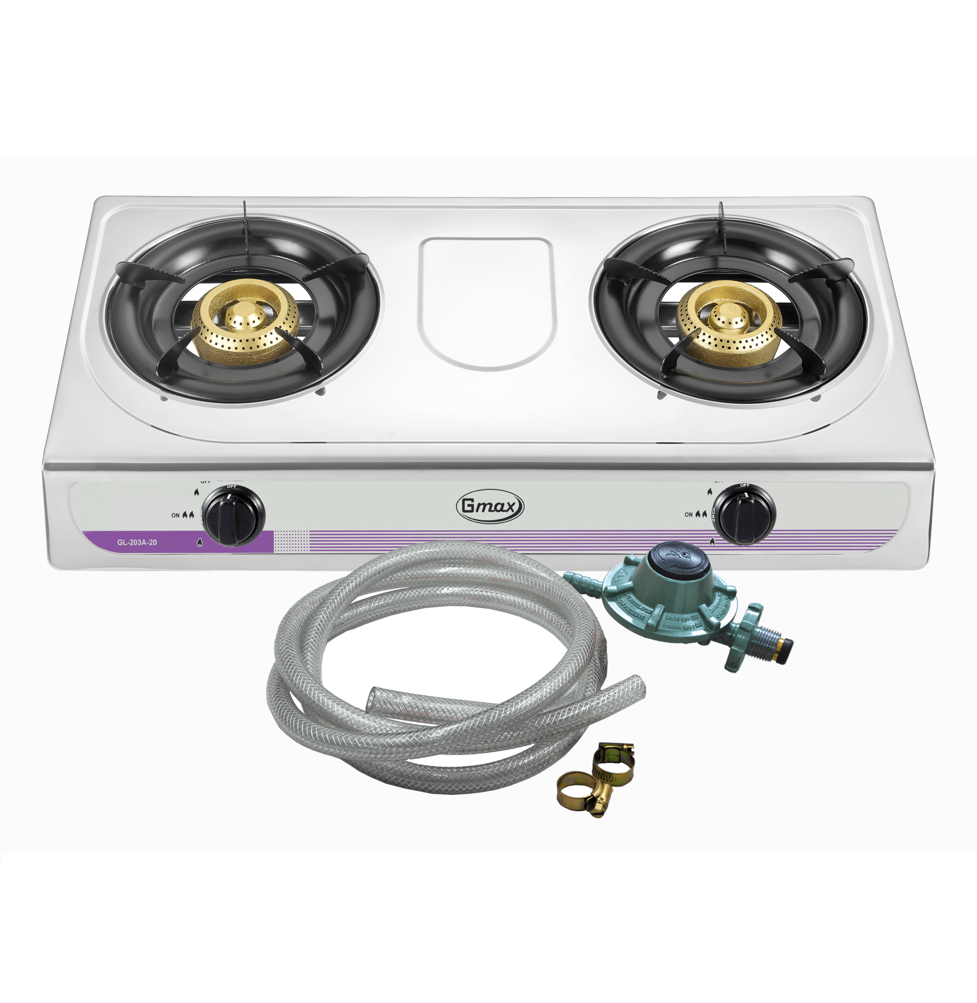 GMAX เตาแก๊สสแตนเลสหัวคู่ เตากล่อง เตาตั้งโต๊ะ หัวเหล็กพ่นทอง 2หัว รุ่น GL-203A-20-P1(ชุดสุดคุ้ม ...