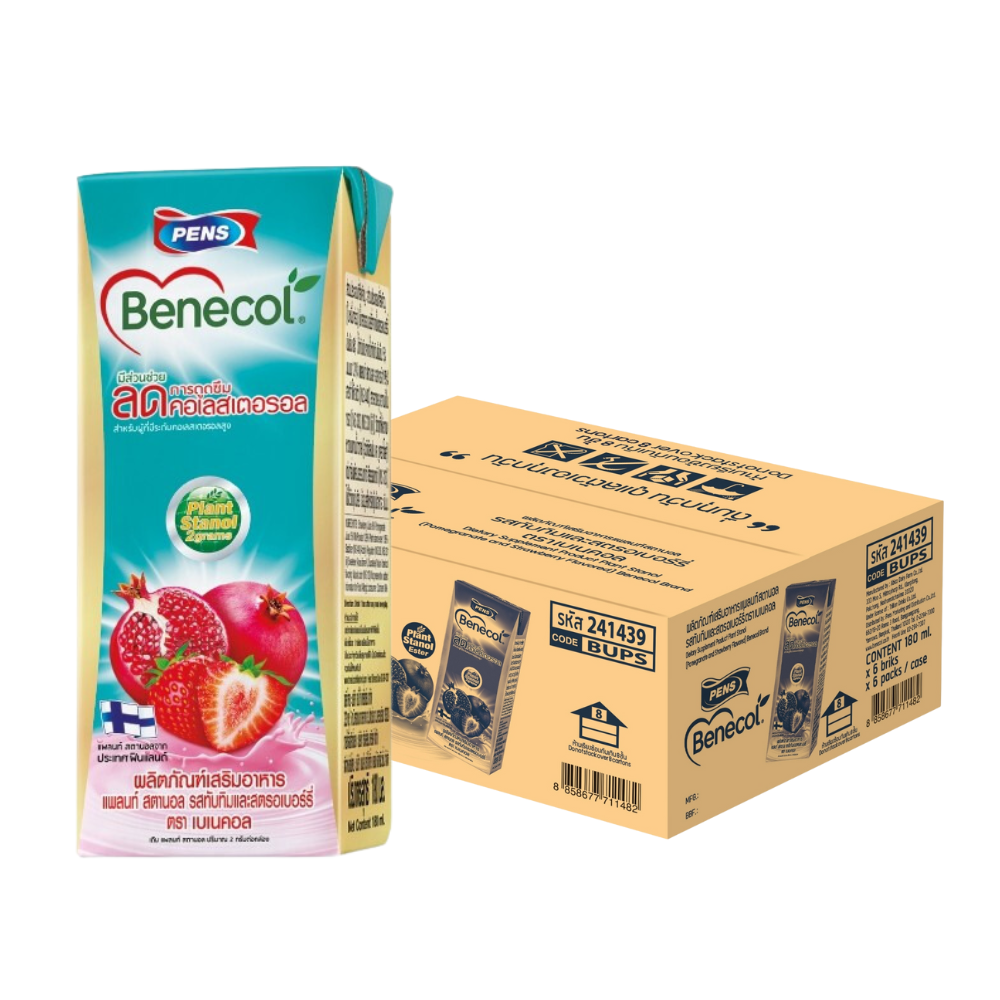 BENECOL Milk UHT Plant Stanol Pomegranate and Strawberry 180 ml Pack of 36 Carton of Milk ...
