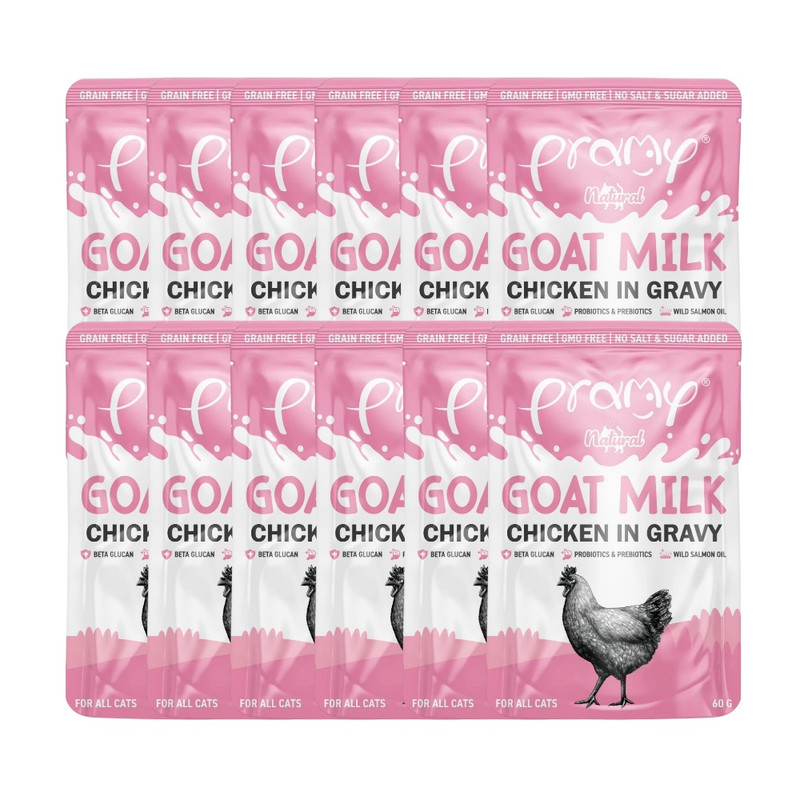 [12 ซอง] Pramy Goat Milk in Gravy อาหารเปียกแมวผสมนมแพะในน้ำเกรวี่ ขนาด ...